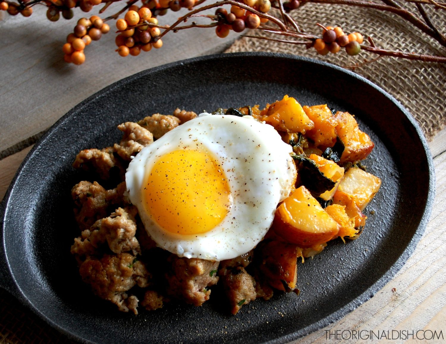 Autumn Hash with Homemade Turkey Sausage & Fried Eggs - The Original Dish