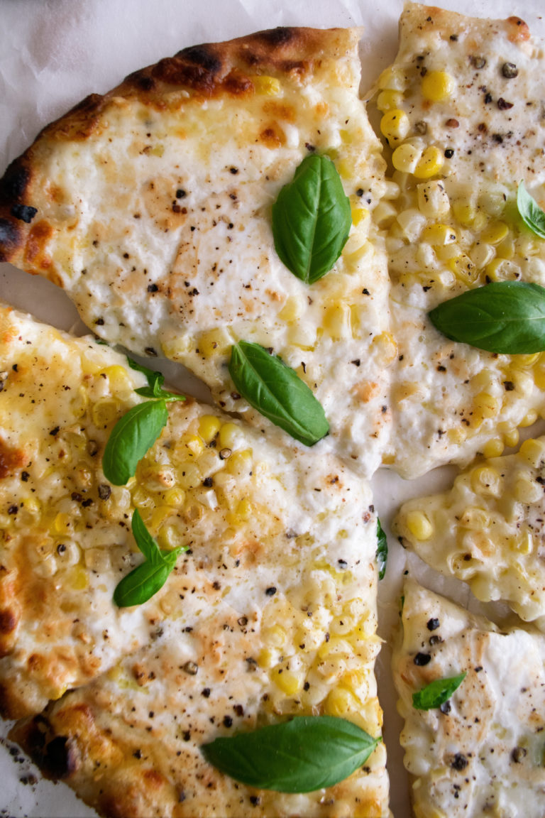 Four Cheese Corn Pizza with Black Pepper & Basil - The Original Dish