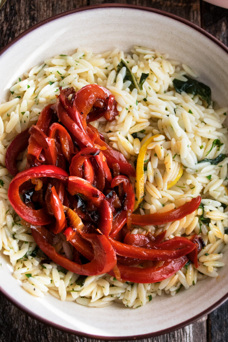 Crispy Chicken Thighs with Herb Orzo & Stewed Peppers - The Original Dish