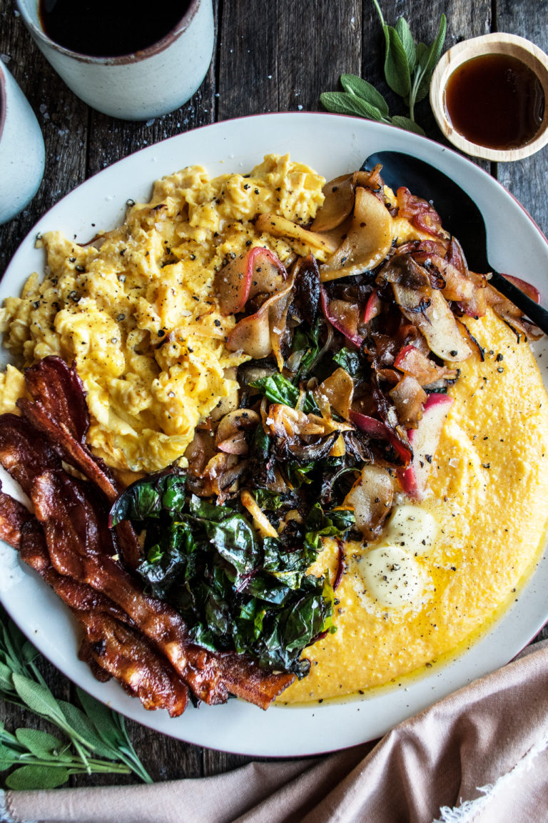 Polenta Breakfast Platter with Melted Apples & Greens - The Original Dish