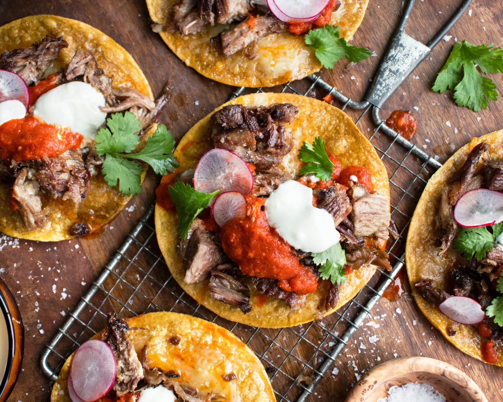 Carnitas Tostadas with Hatch Red Chile Salsa - The Original Dish