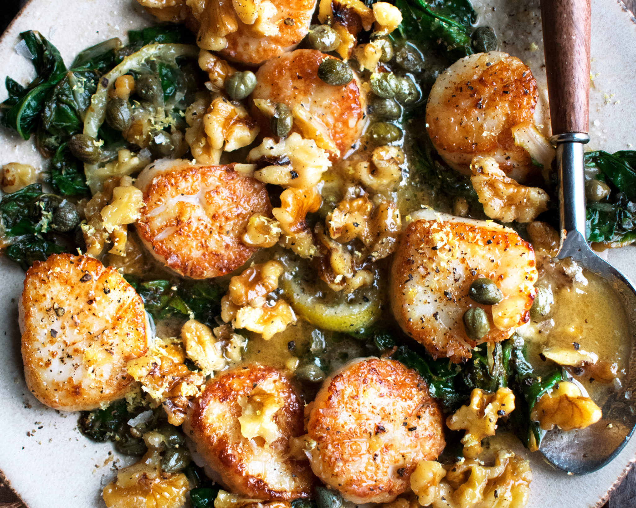 Lemon Butter Scallops with Greens & Walnuts - The Original Dish