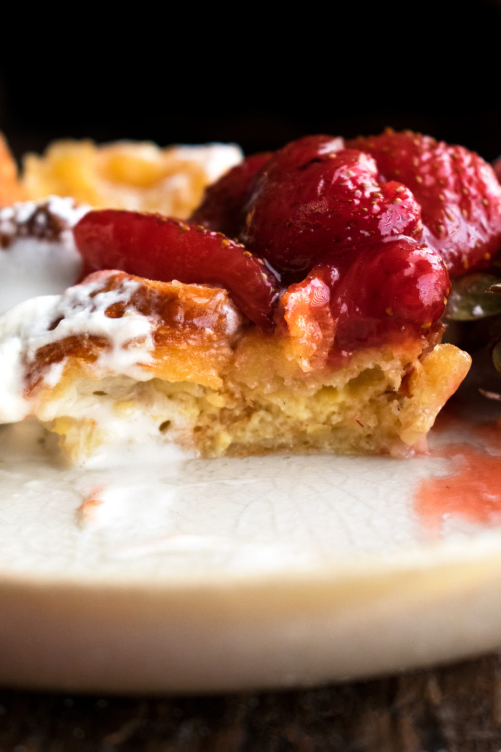 Skillet Croissant Bread Pudding with Strawberry Syrup - The Original Dish