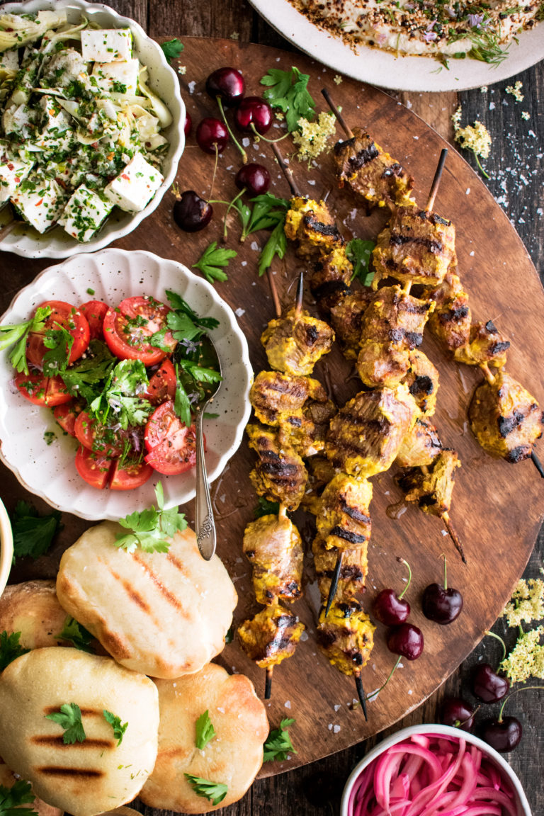 Summer Mezze Platter with Yogurt Marinated Lamb Skewers - The Original Dish